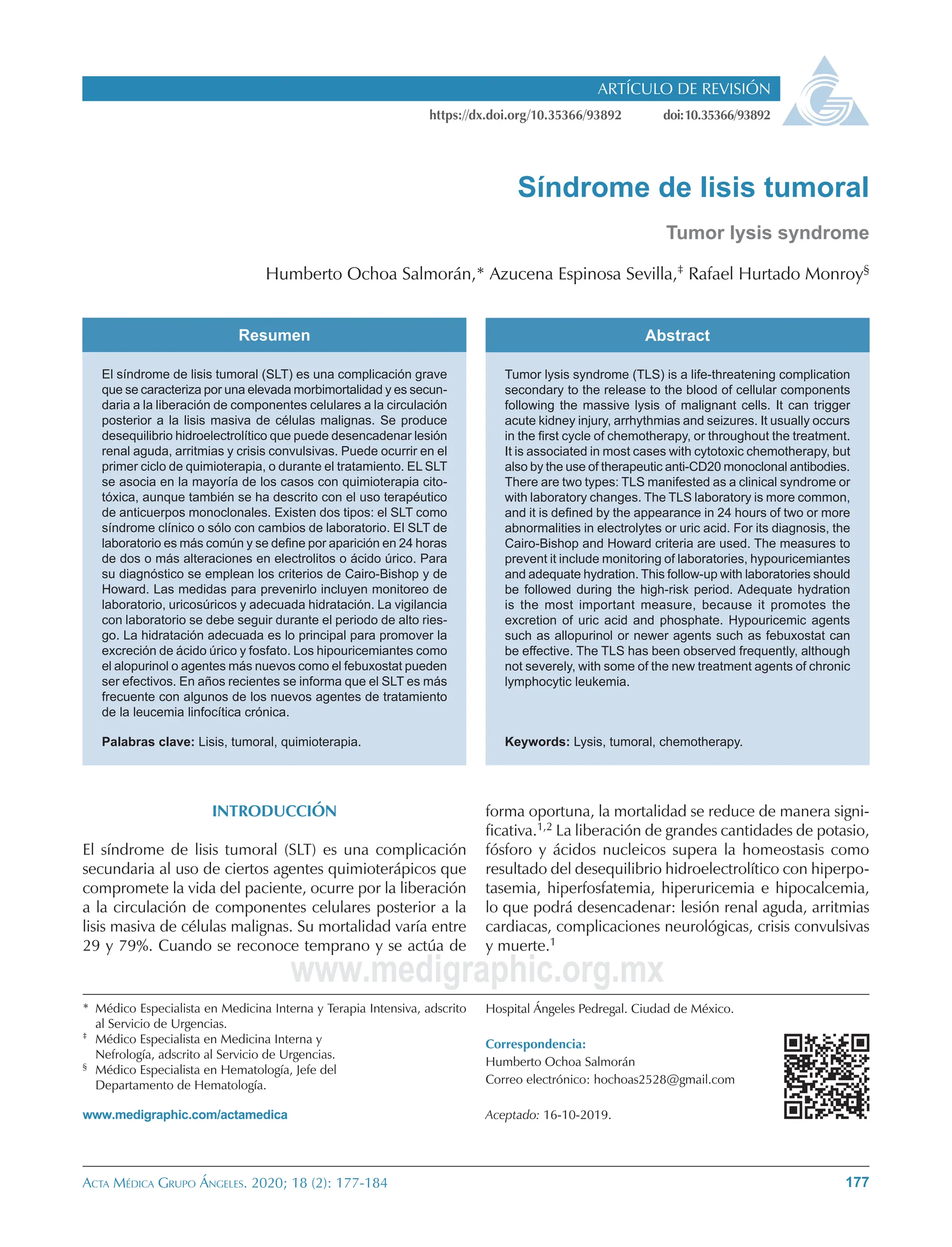 SINDROME DE LISIS TUMORAL. Articulo de revisionpdf | PDF
