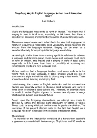 Sing-Song Way to English Language: Action cum Intervention Study | DOCX