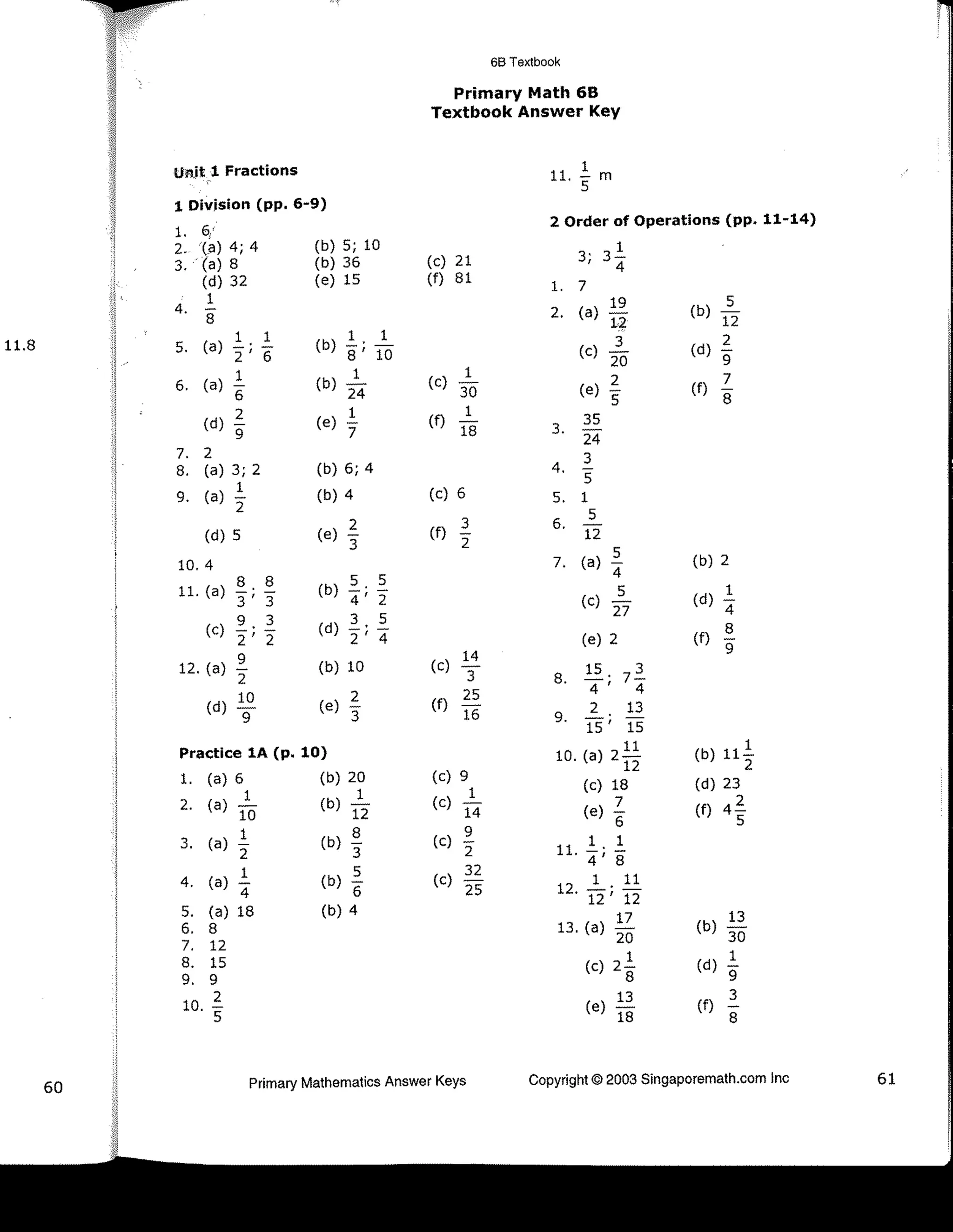 Singapore Math - 6B - Answer Key | PDF