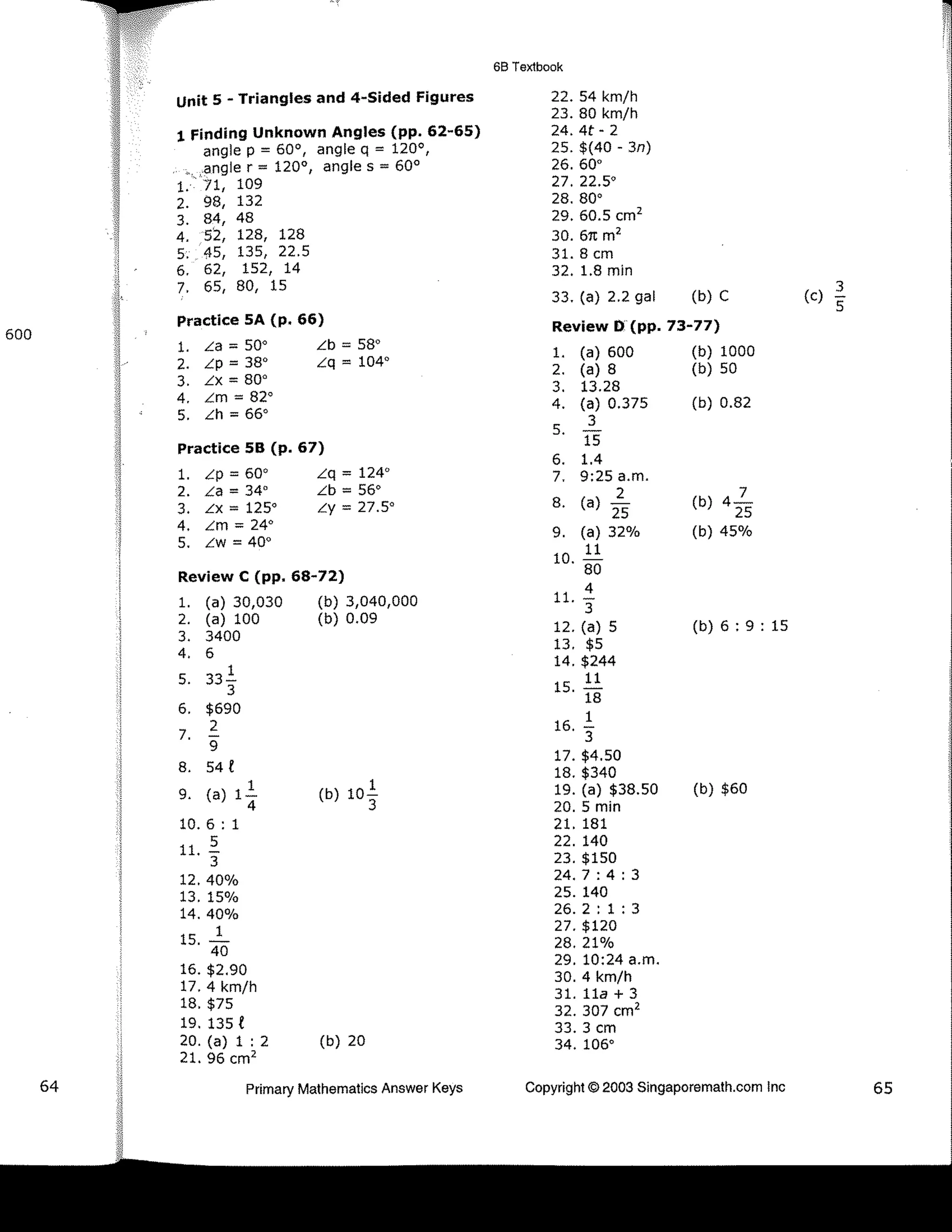 Singapore Math - 6B - Answer Key | PDF