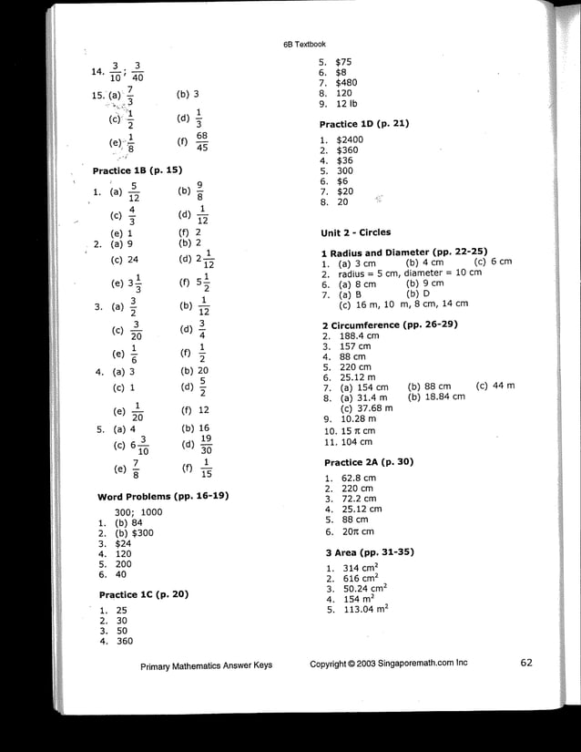 Singapore Math - 6B - Answer Key | PDF