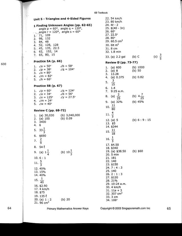 Singapore Math - 6B - Answer Key | PDF