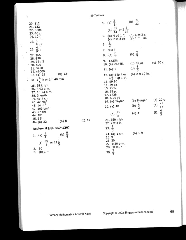 Singapore Math - 6B - Answer Key | PDF