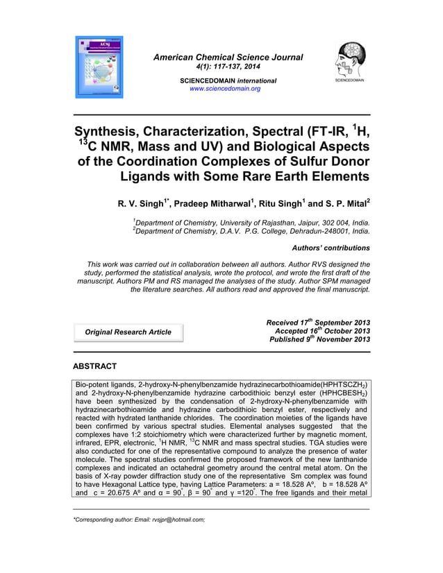 Synthesis, Characterization, Spectral (FT-IR, 1H, 13C NMR, Mass and UV) and Biological Aspects ...