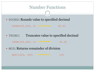 Single row functions | PPT | Databases | Computer Software and Applications