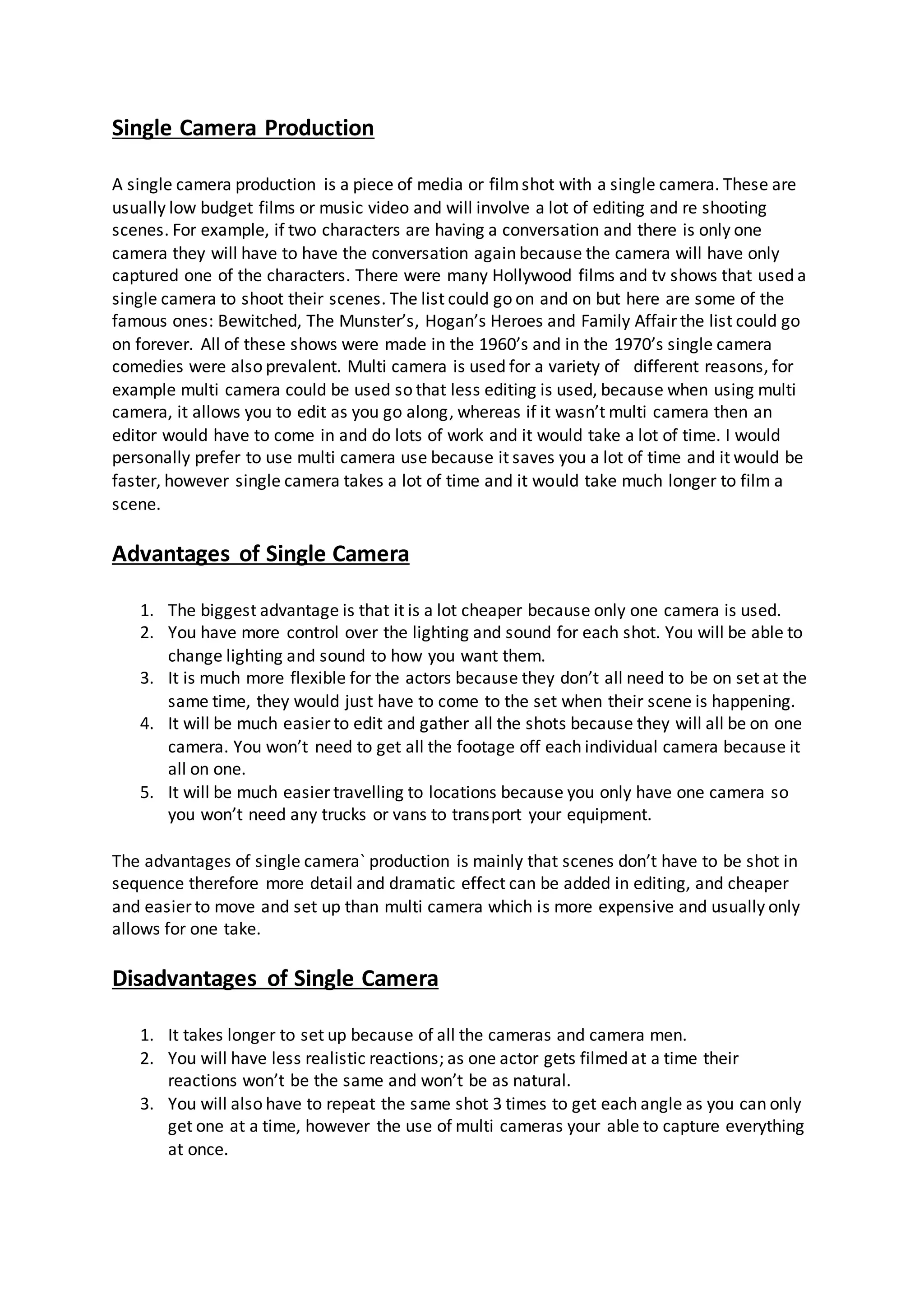 Single camera production | DOCX