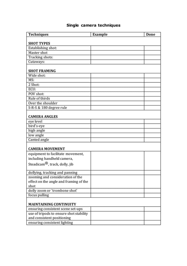 Single Camera Techniques List PDF Single Camera Techniques List PDF
