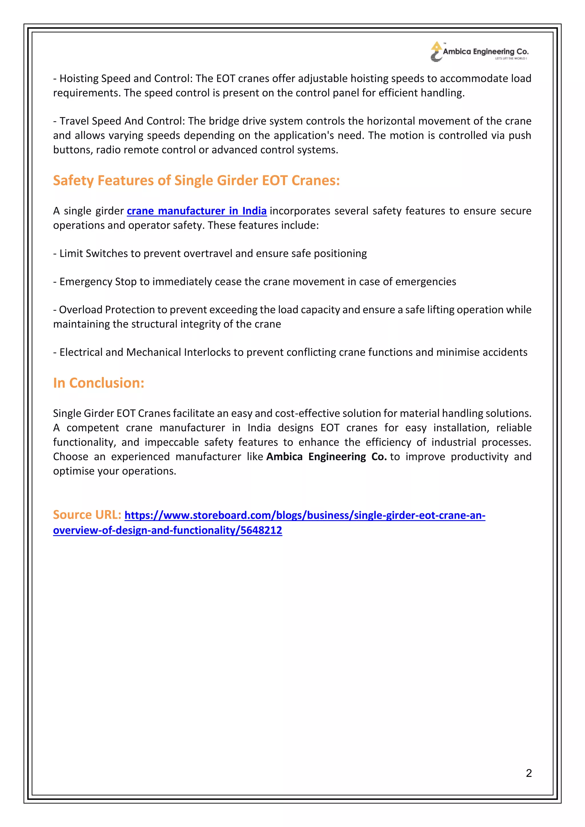 Single Girder EOT Crane - An Overview of Design and Functionality.pdf