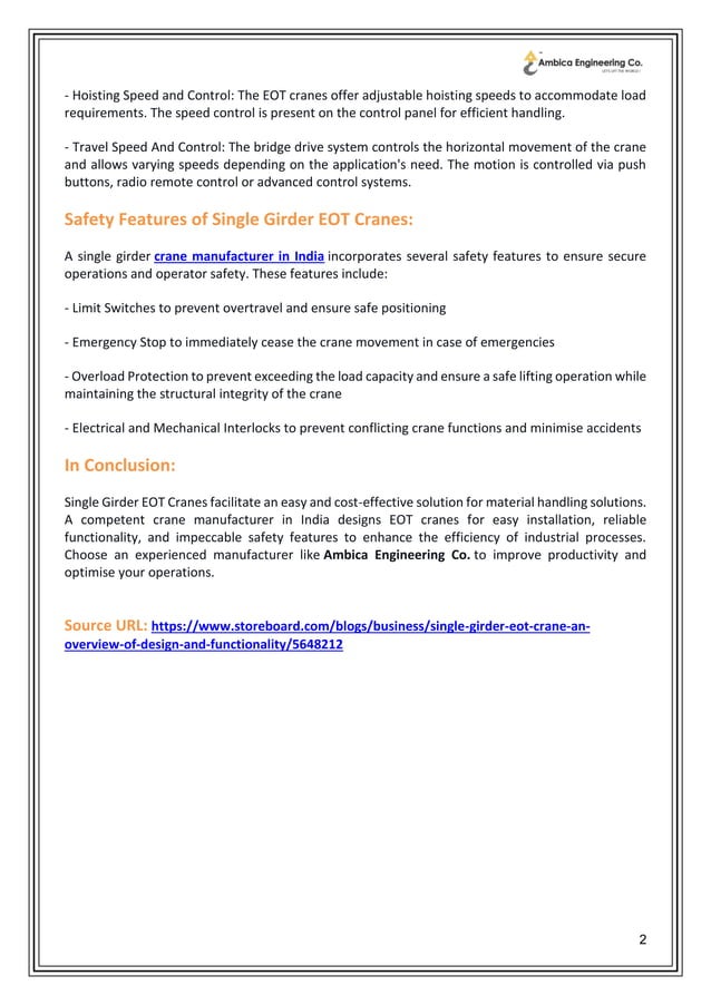 Single Girder EOT Crane - An Overview of Design and Functionality.pdf
