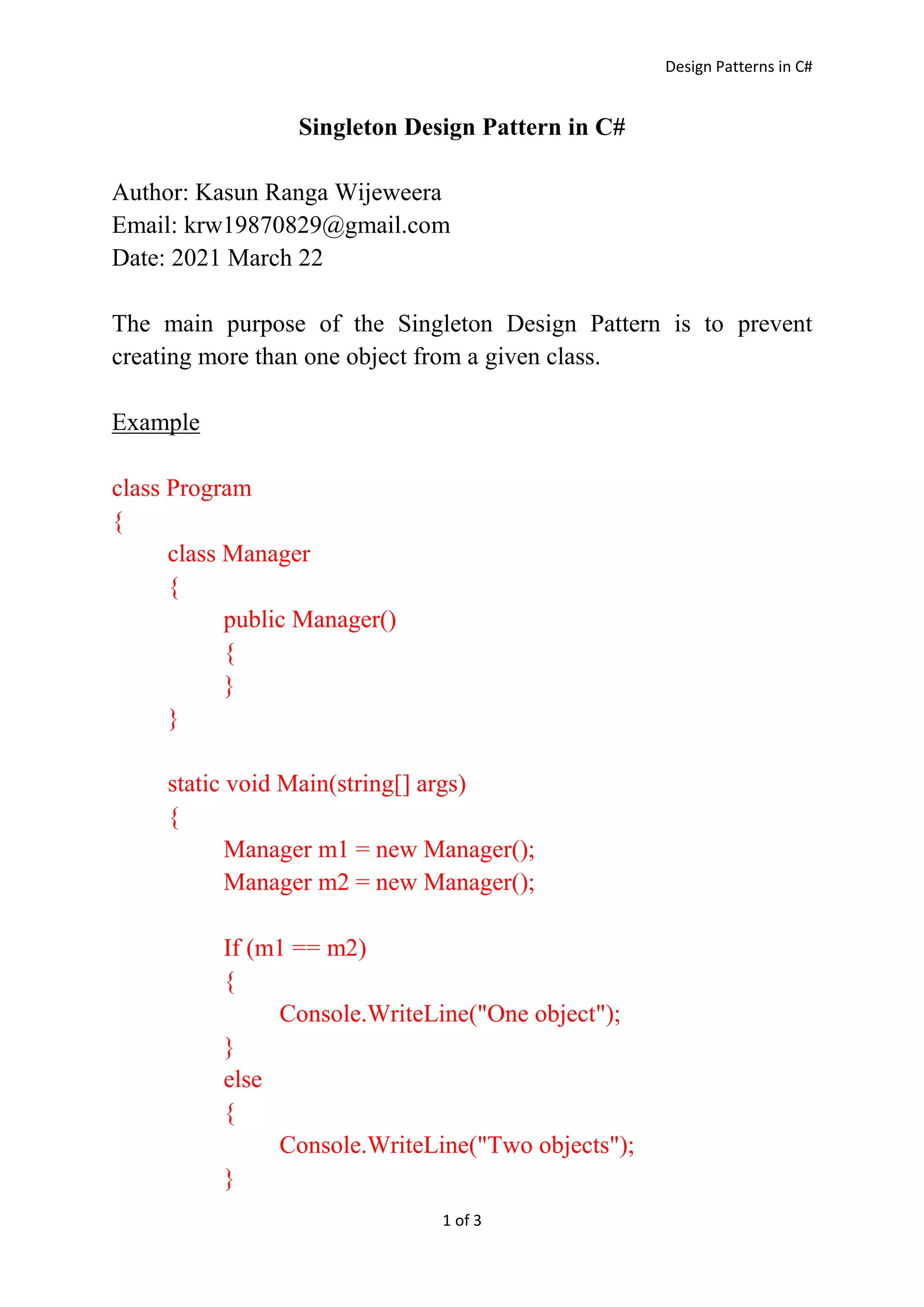 Singleton Design Pattern in C# | PDF | Programming Languages | Computing