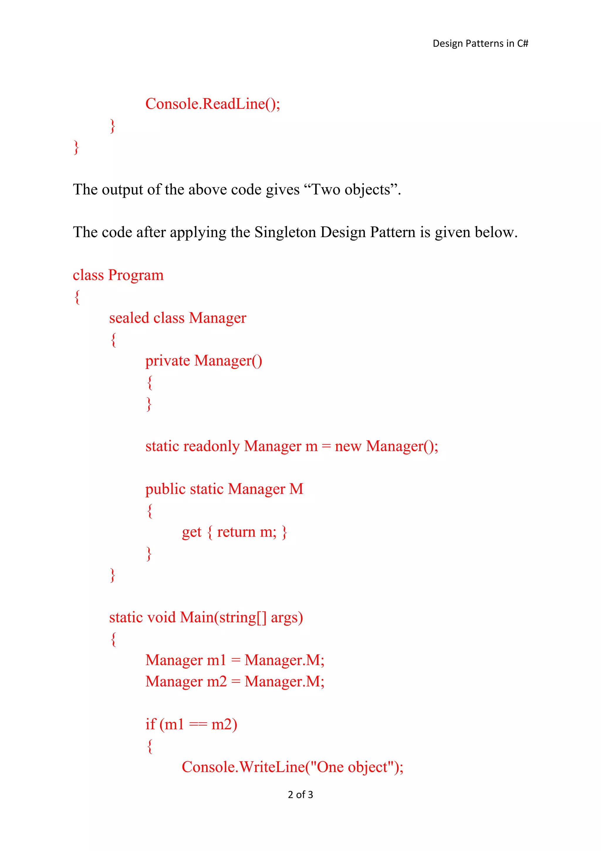 Singleton Design Pattern in C# | PDF | Programming Languages | Computing