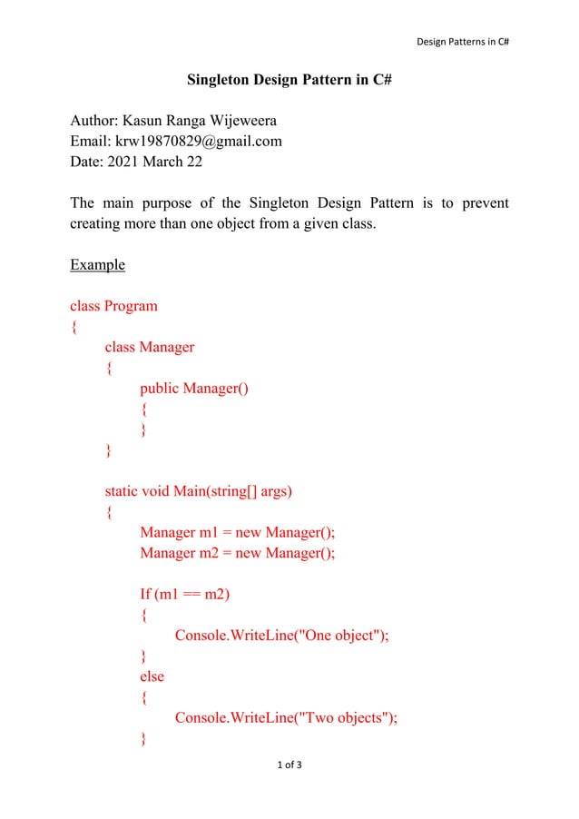 Singleton Design Pattern in C# | PDF
