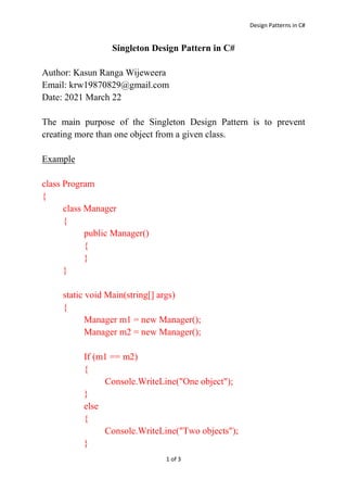 Singleton Design Pattern in C# - Prevent Multiple Object Creation | PDF