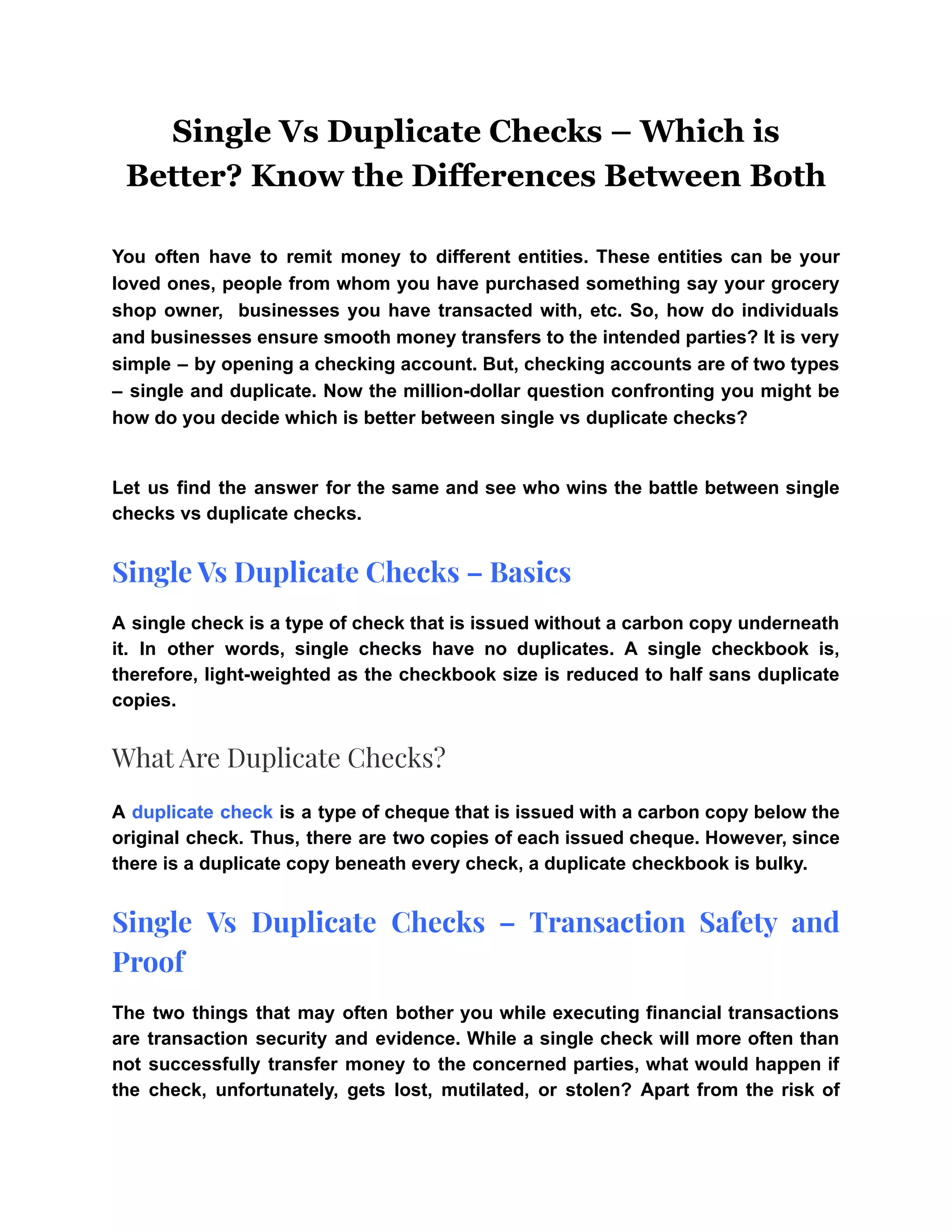 Single Vs Duplicate Checks Which Is Better Know The Differences Between Both Pdf
