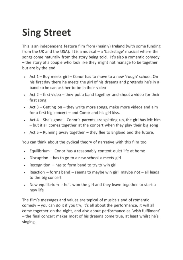 Sing street | DOCX | Musicals | Genres