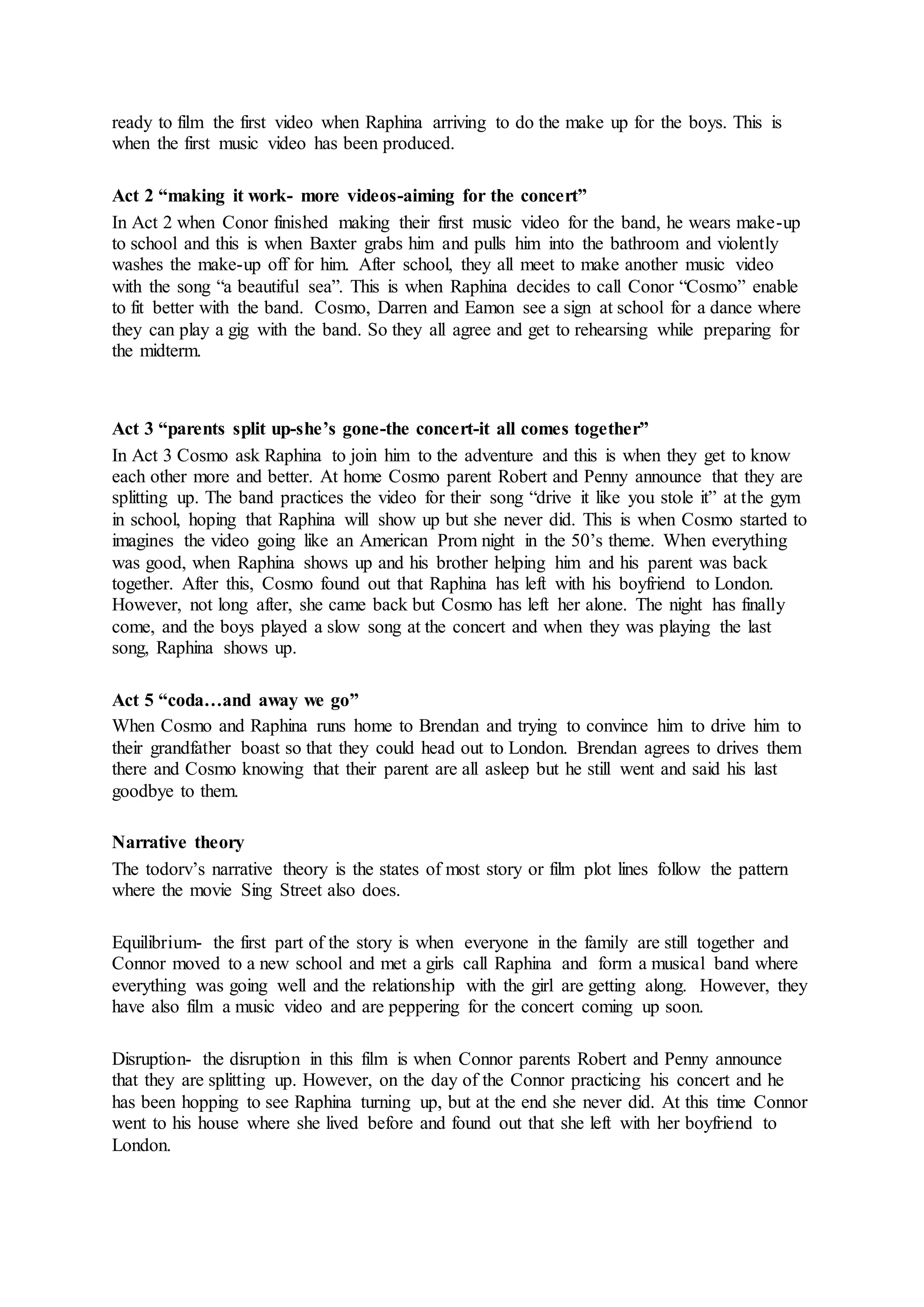 Sing street overview of narrative | DOCX