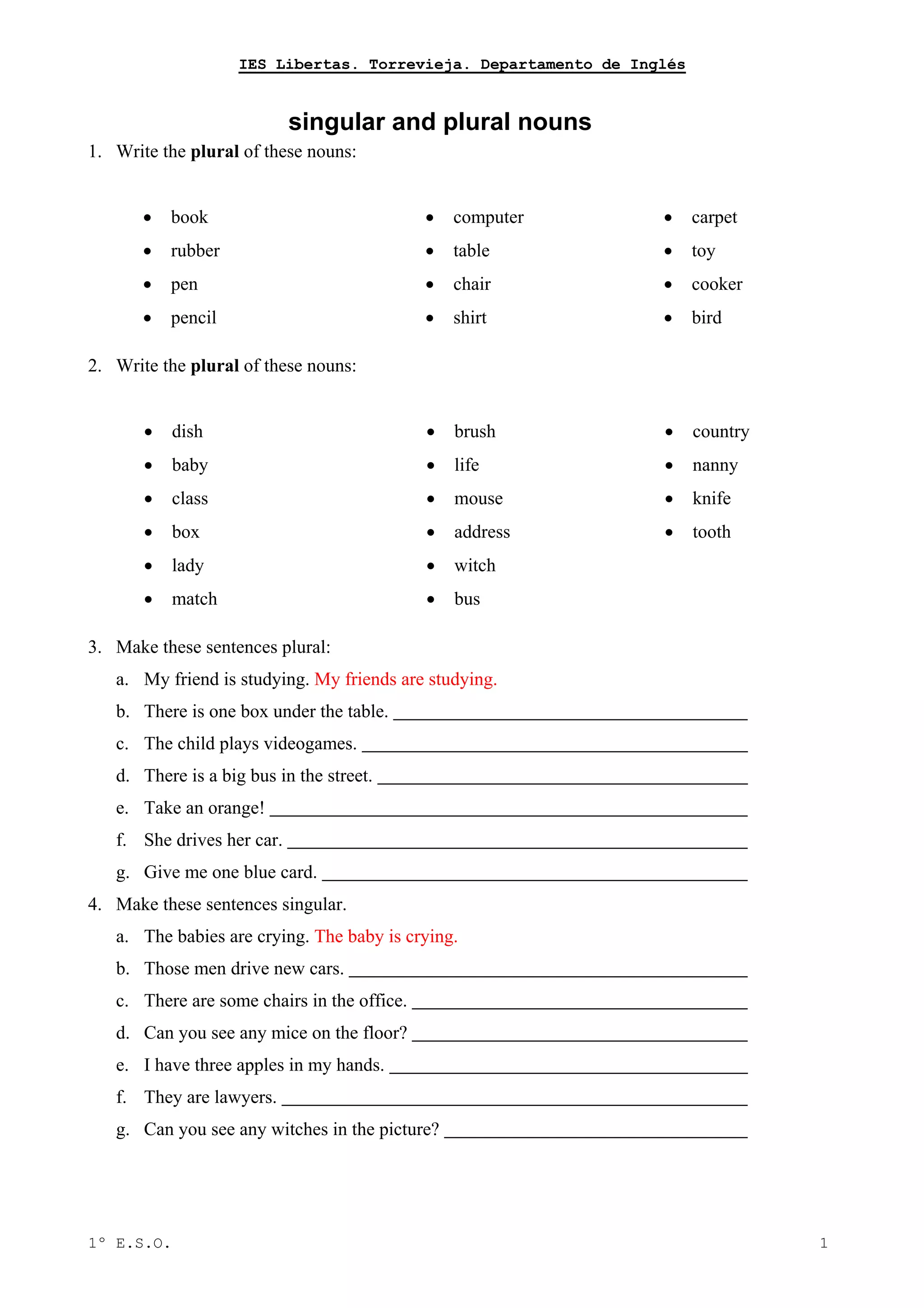 Singular and plural nouns activity | PDF