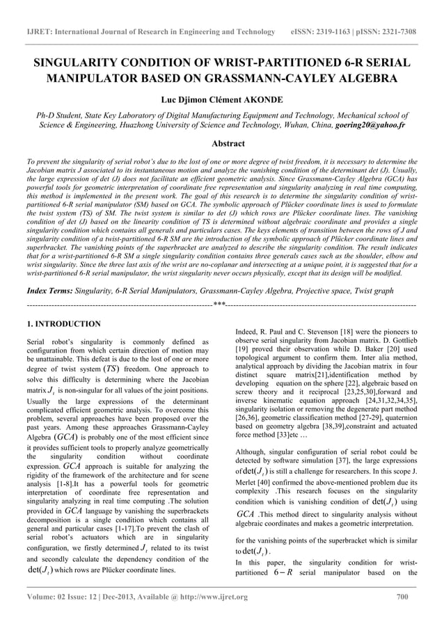 Singularity condition of wrist partitioned 6-r serial | PDF | Robotics | Technology & Computing