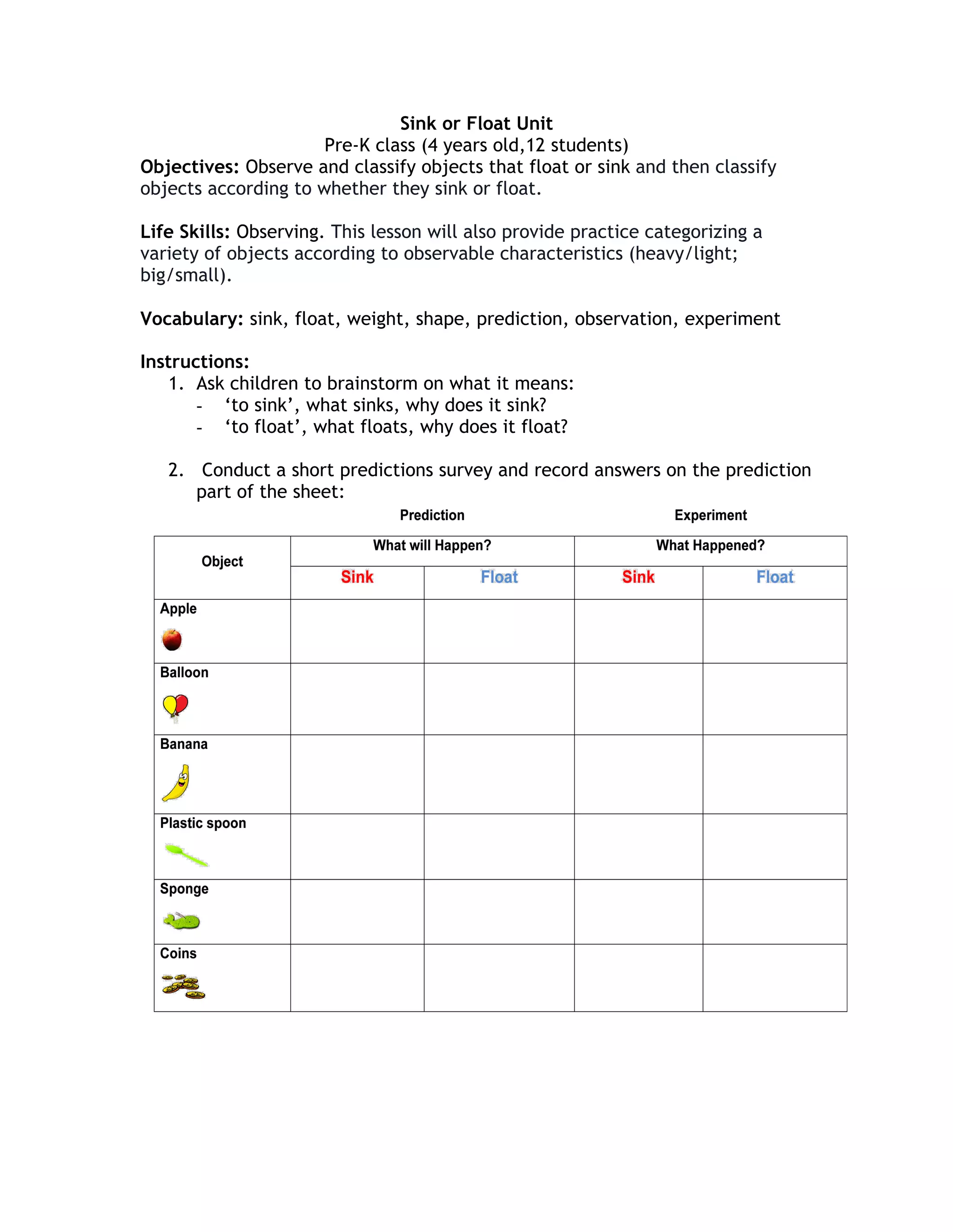 Sink or float Unit Instructions | PDF | Science