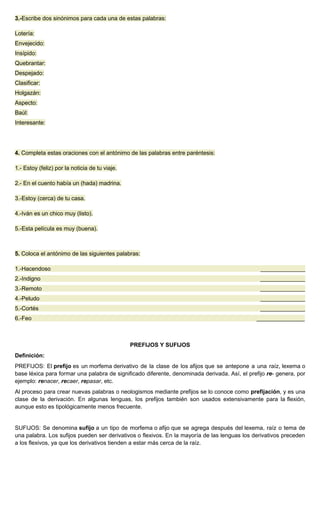 Sinónimos, antónimos, prefijos y sufijos | DOC