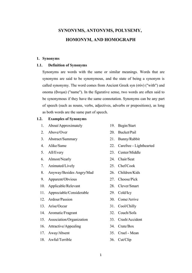 SYNONYMS, ANTONYMS, POLYSEMY, HOMONYM, AND HOMOGRAPH | DOC