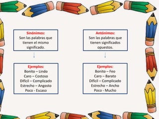 sinonimos y antónimos en el grado primero | PPT