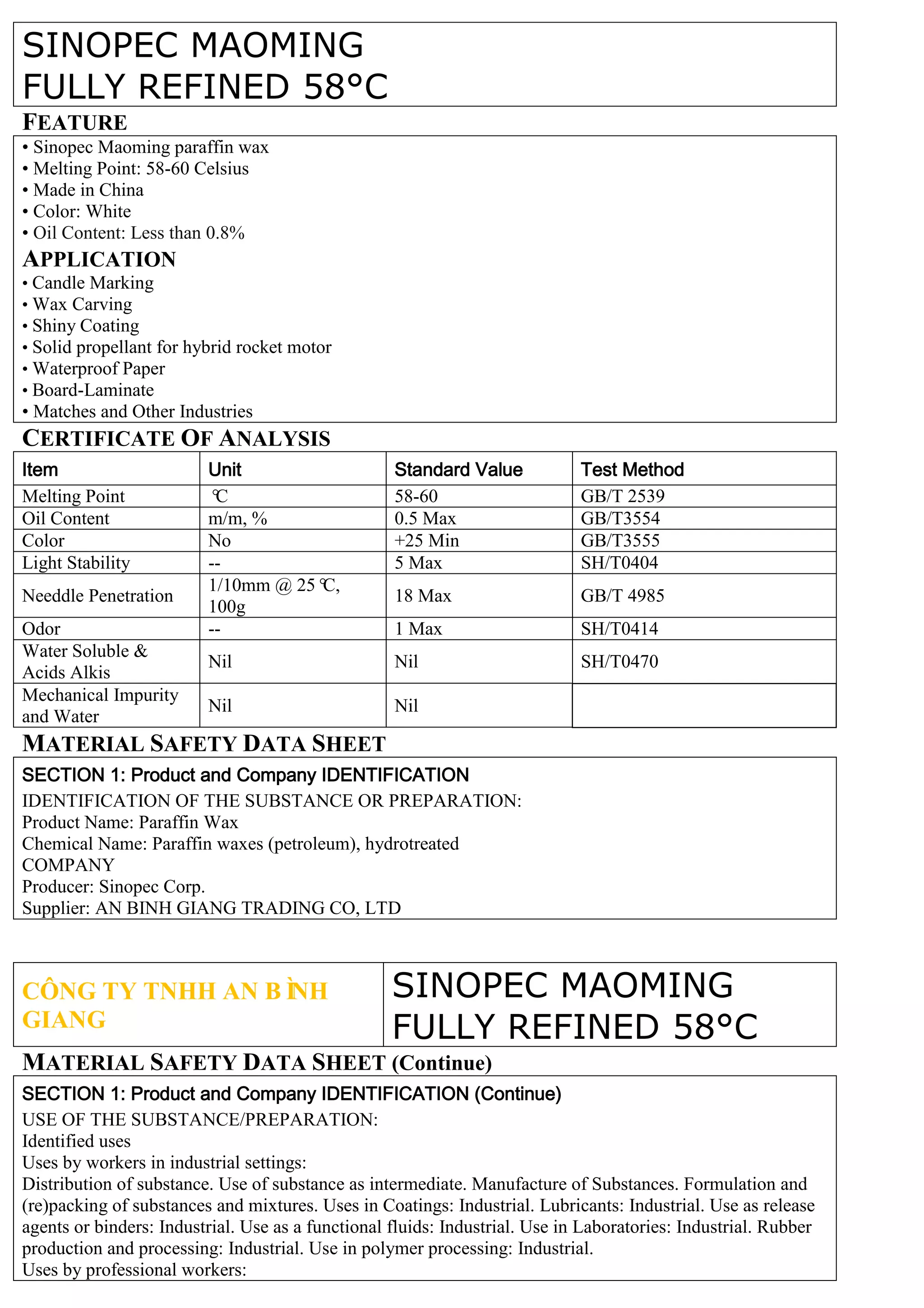 paraffin wax Sinopec maoming | PDF