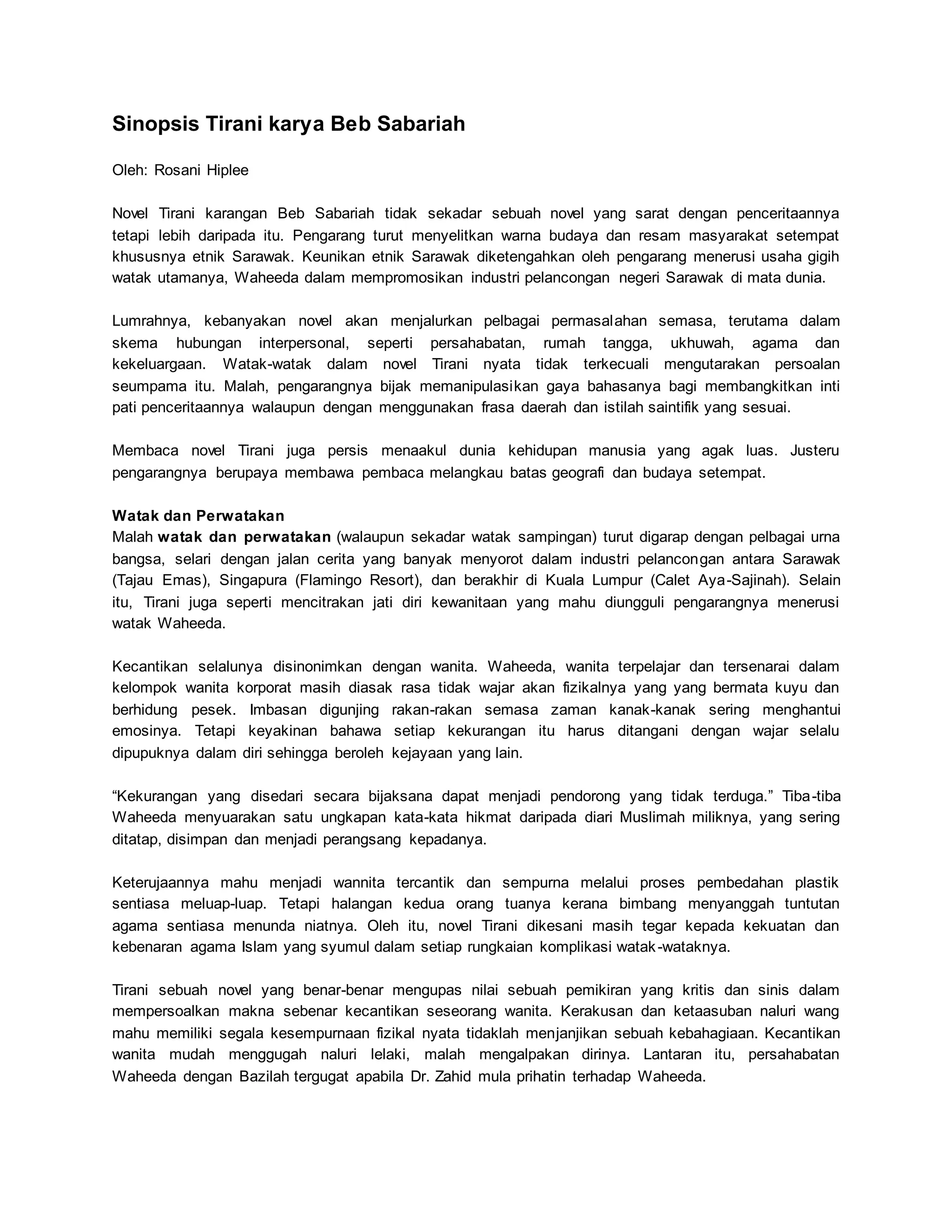 Sinopsis tirani karya beb sabariah | DOCX
