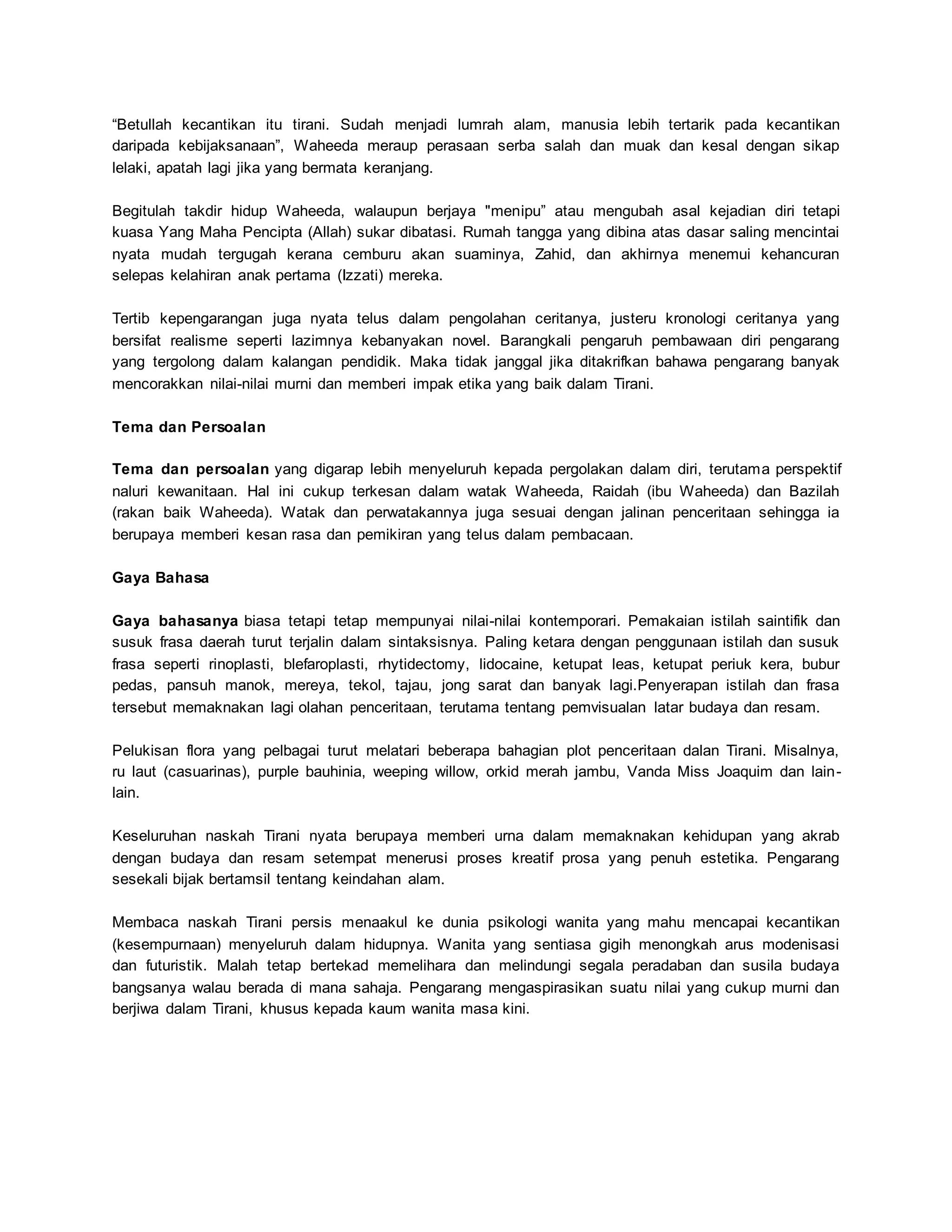 Sinopsis tirani karya beb sabariah | DOCX