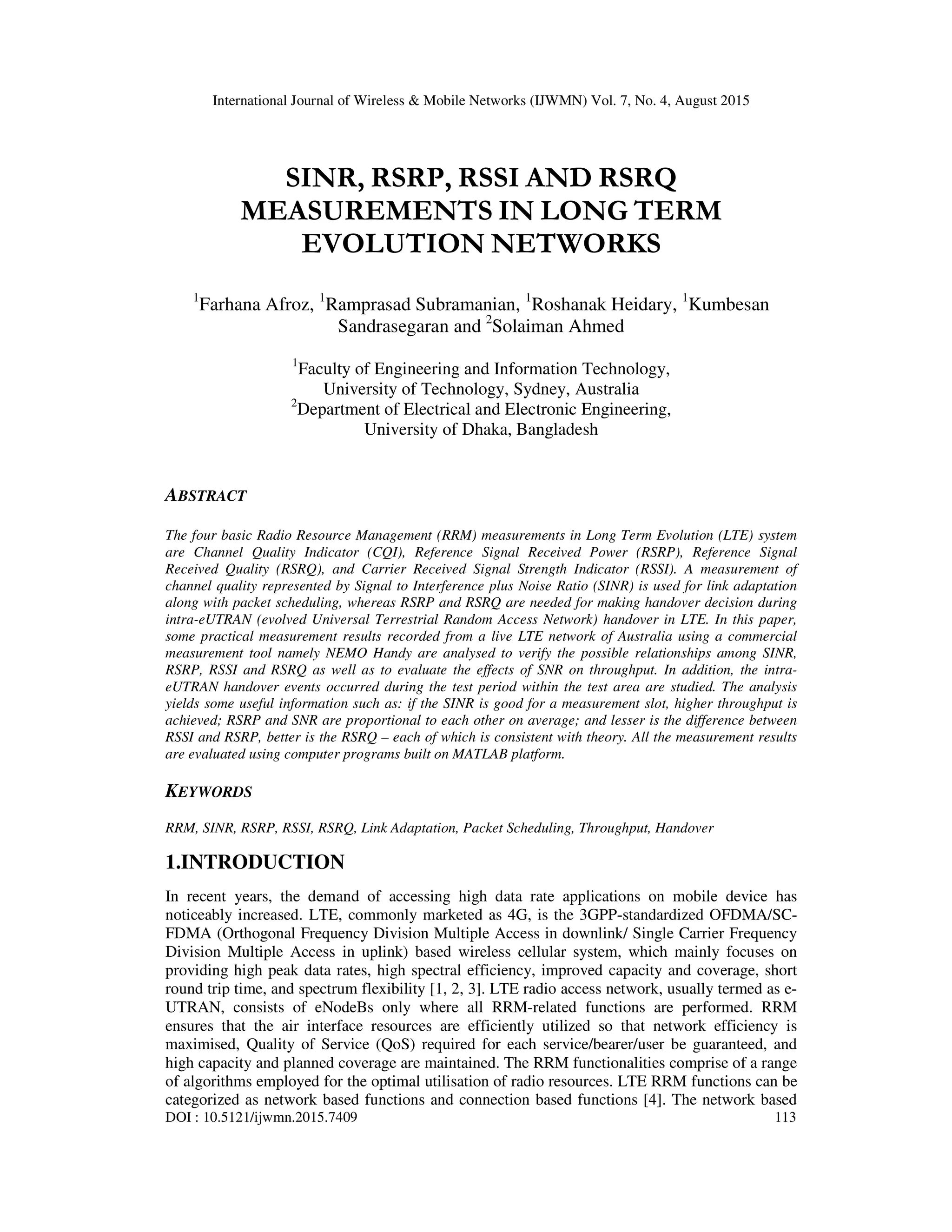 Sinr, rsrp, rssi and rsrq | PDF