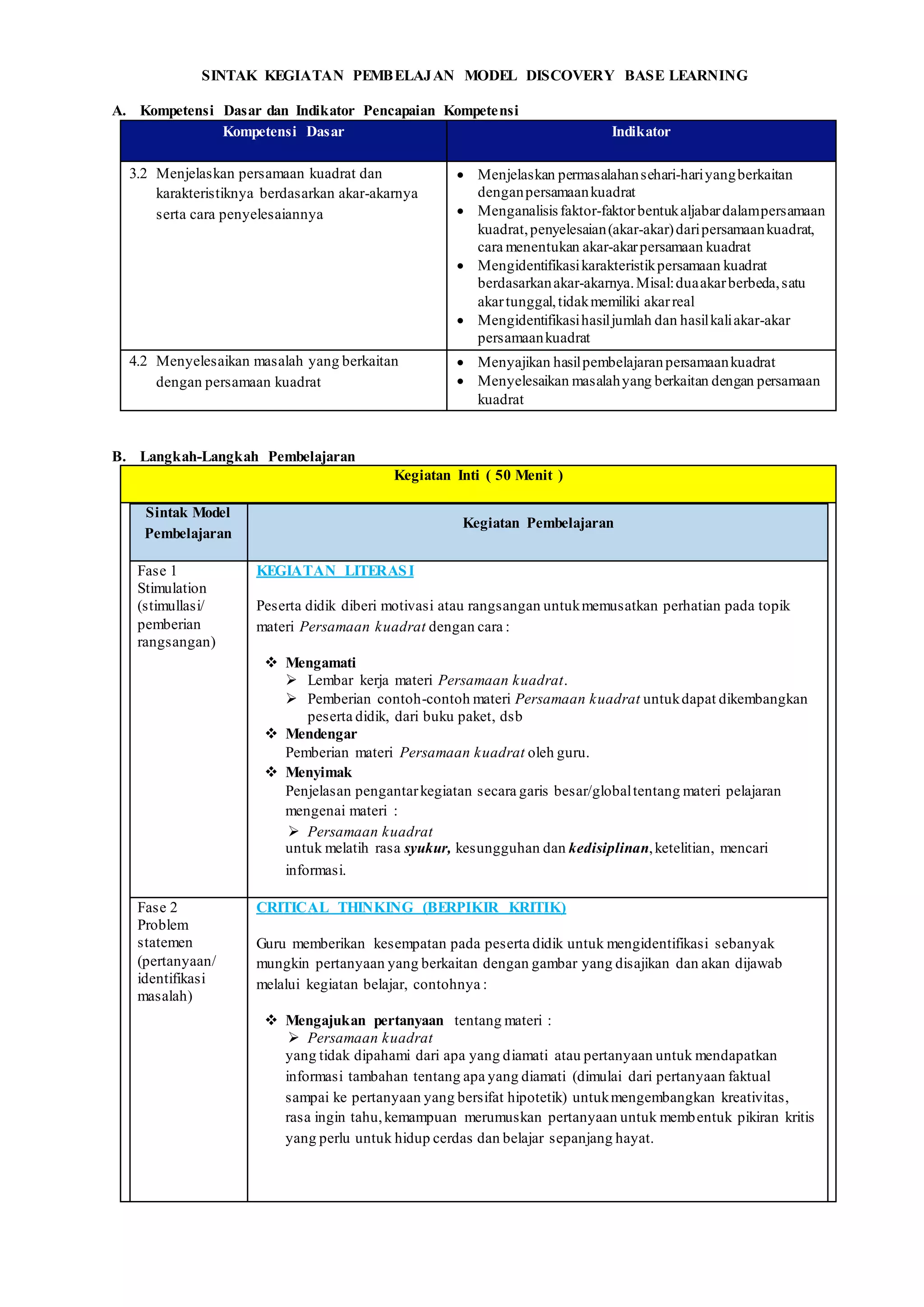 Sintak kegiatan pembelajan model discovery base learning | DOCX