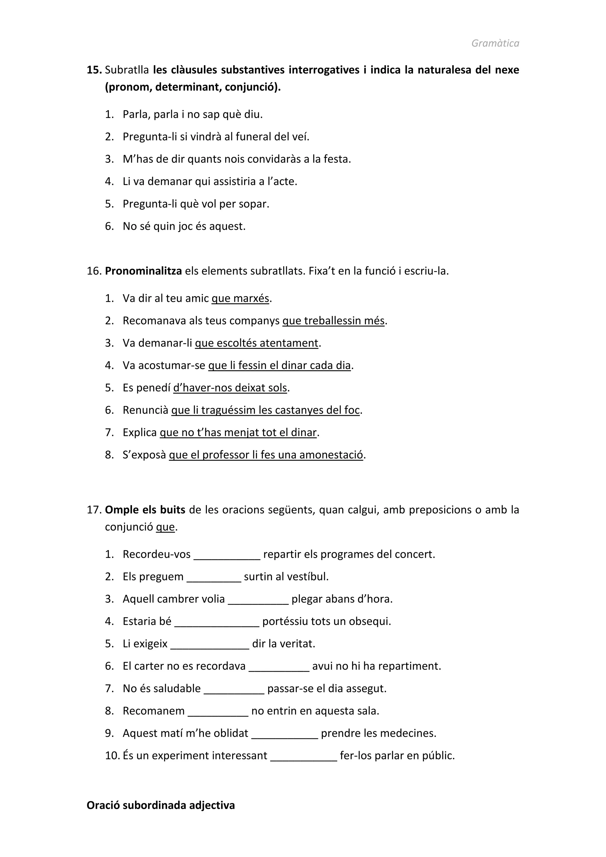 Sintaxi. Exercicis de l'oració composta. | PDF