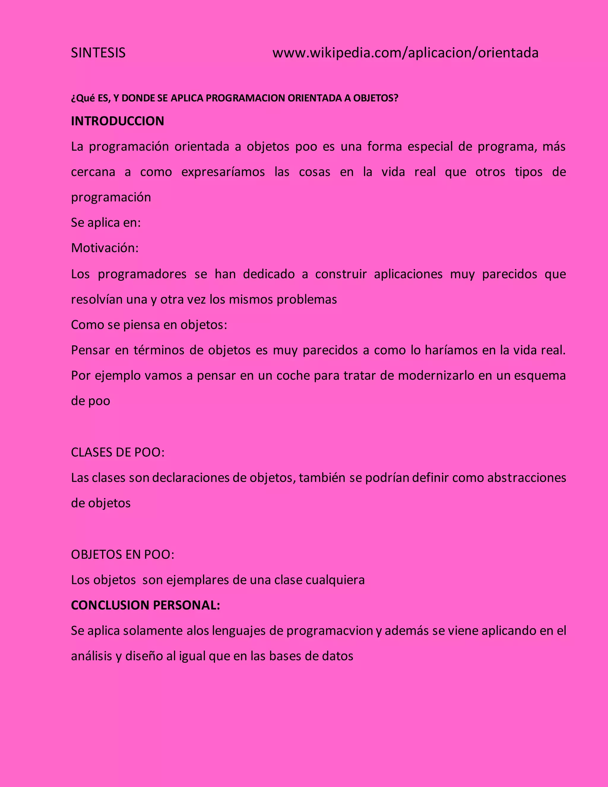 SINTESIS Que es? y Donde se aplica POO? | PDF SINTESIS Que es? y Donde se aplica POO? | PDF