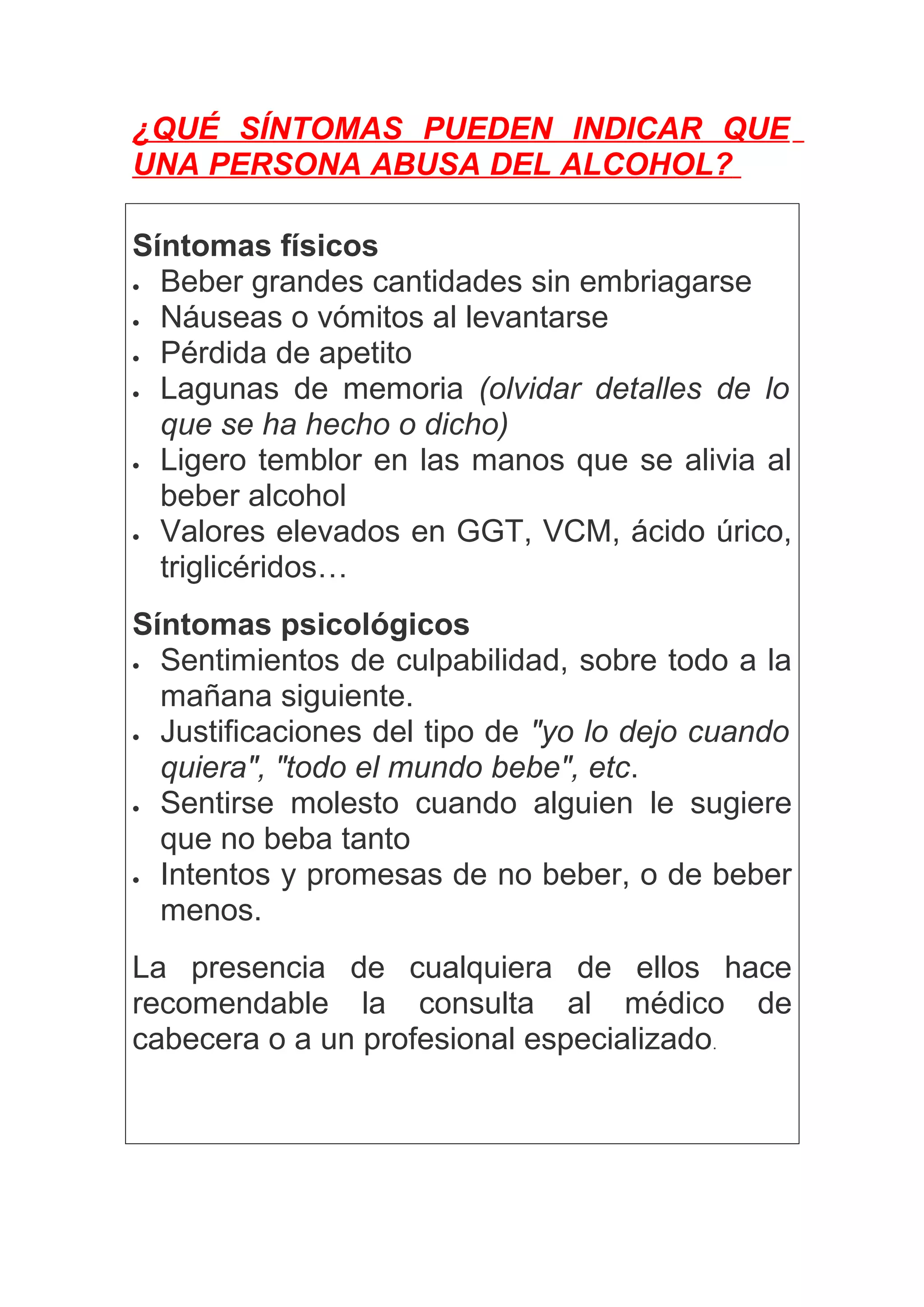 Síntomas de problemas con alcohol | PDF