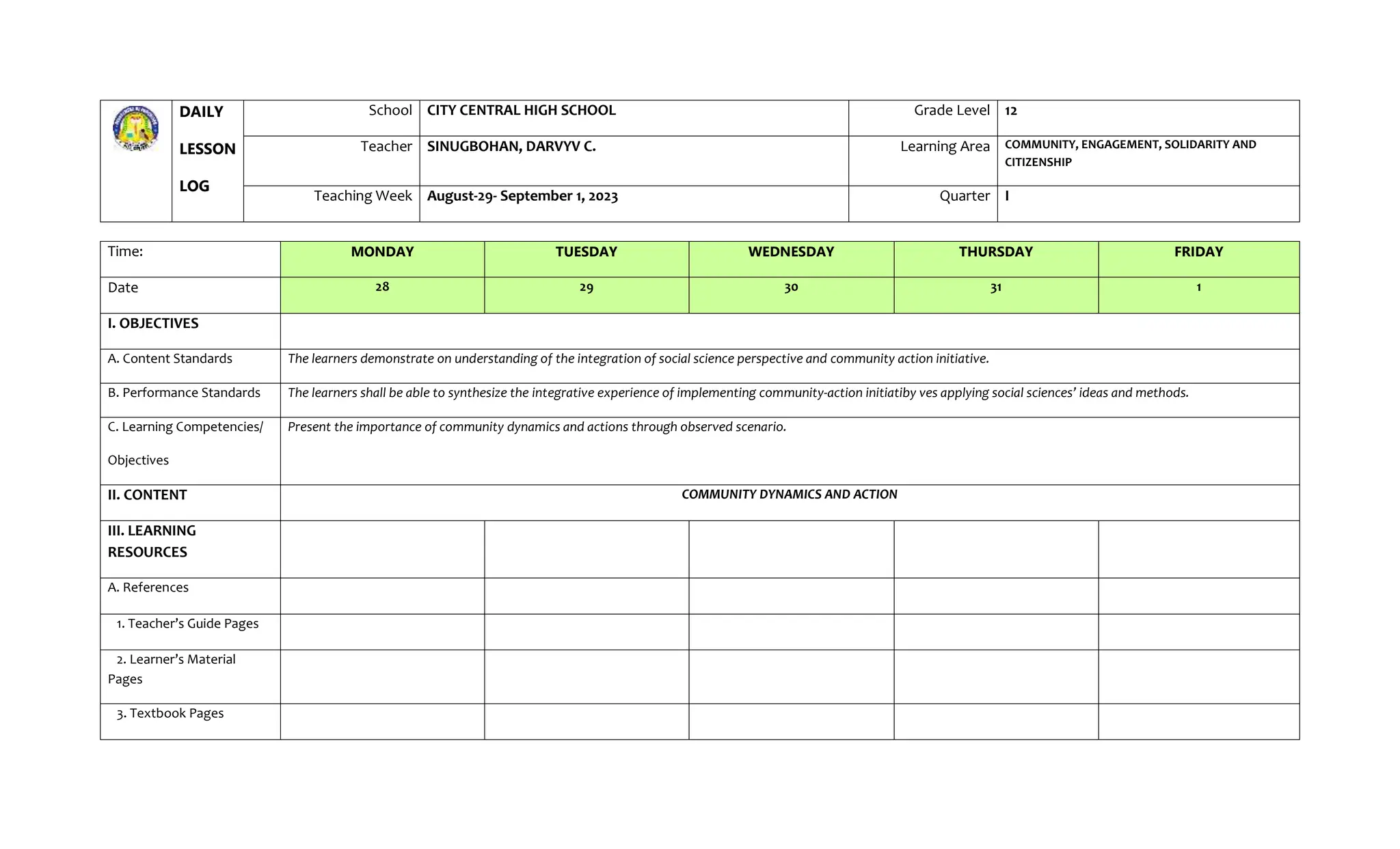 Community, Engagement, Solidarity and Citizenship DLL Week1-Week9. Q1 ...