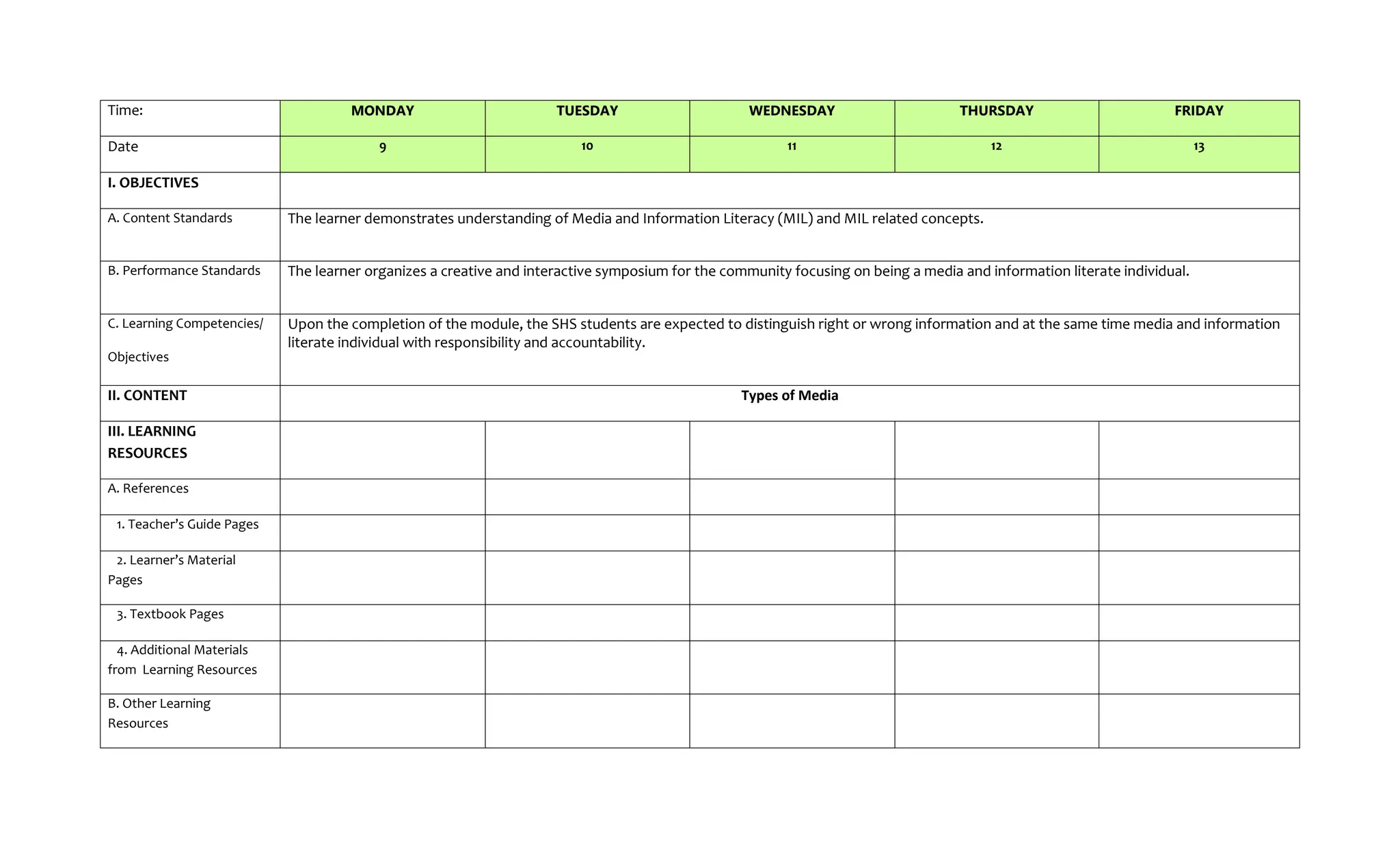Media Information and Literacy DLL Week 1-9 from Q1-Q2 | DOCX