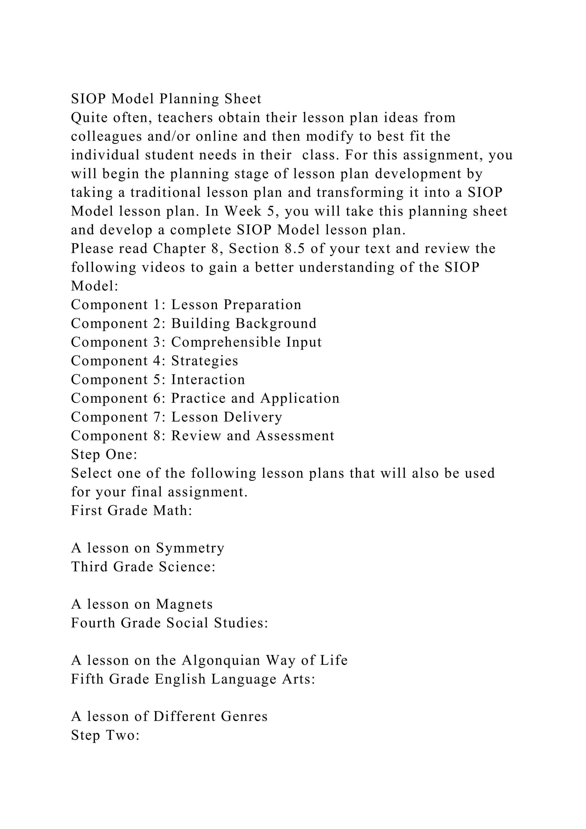 SIOP Model Planning SheetQuite often, teachers obtain their lesson.docx