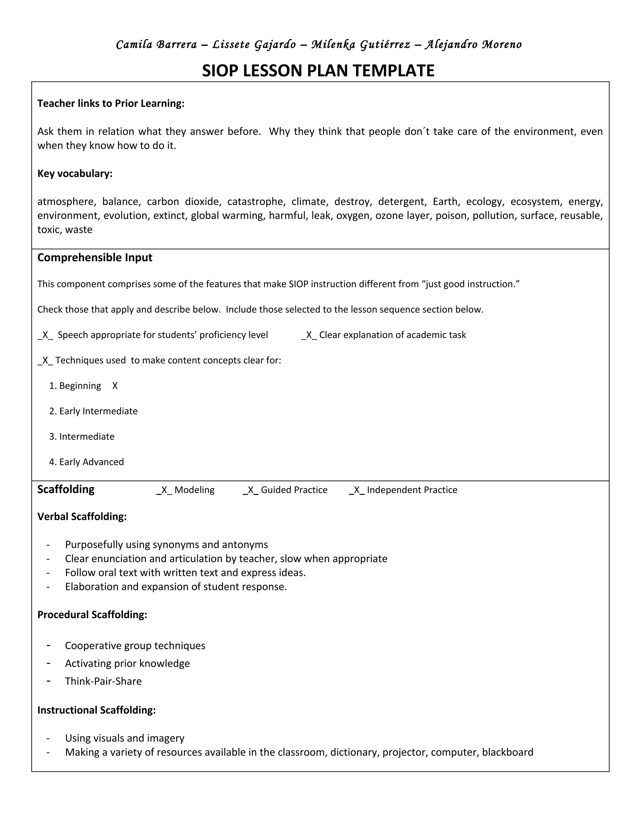 Siop unit lesson plan template sei model | DOC