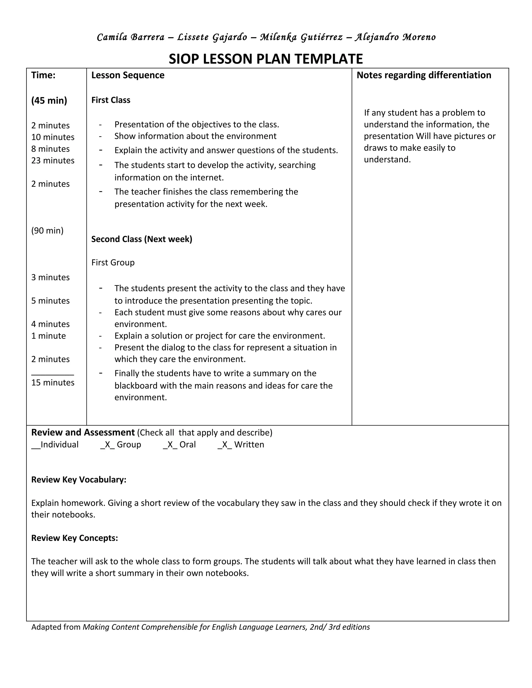 Siop unit lesson plan template sei model | DOC