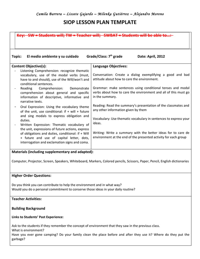 Siop unit lesson plan template sei model | DOC | Homework and Study ...