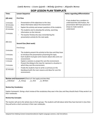 Siop unit lesson plan template sei model | DOC