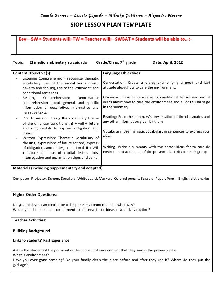 Siop unit lesson plan template sei model