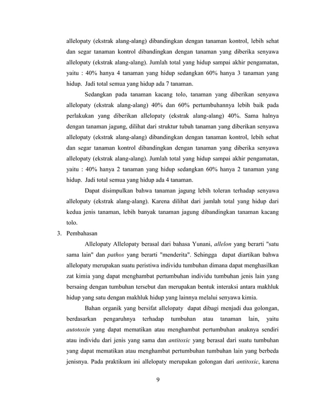 Laporan Ekologi Tumbuhan “Pengaruh Allelopaty Jenis Tanaman Terhadap Perkecambahan” | PDF