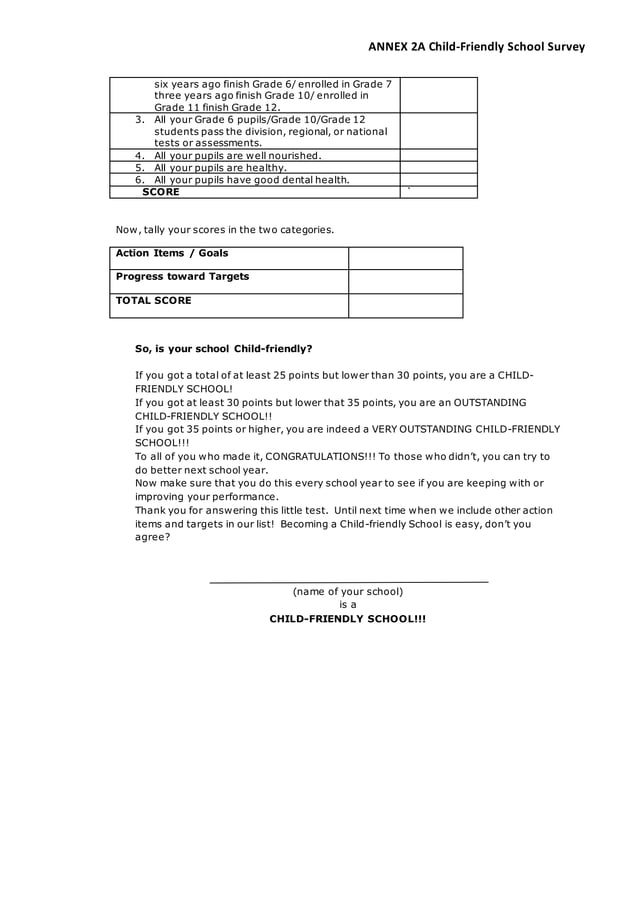 Sip annex 2 a child-friendly school survey | DOCX | Daycare and Pre ...