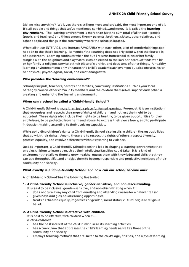 Sip annex 2 a child-friendly school survey | DOCX | Daycare and Pre-School | Parenting
