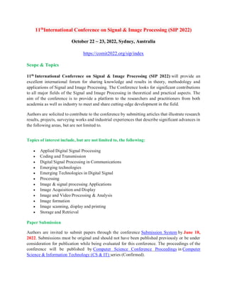 Call for Papers - 11th International Conference on Signal & Image ...