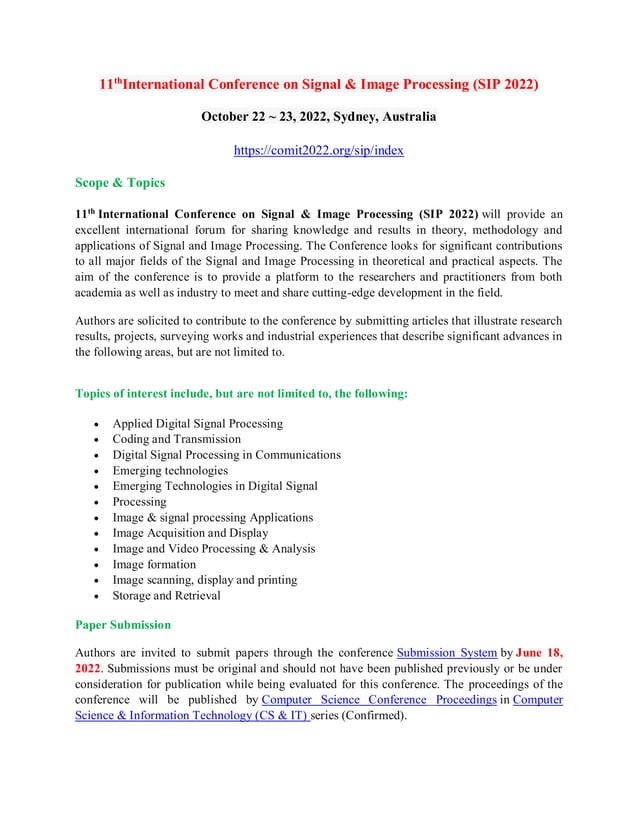 Call for Papers - 11th International Conference on Signal & Image Processing (SIP 2022) | PDF