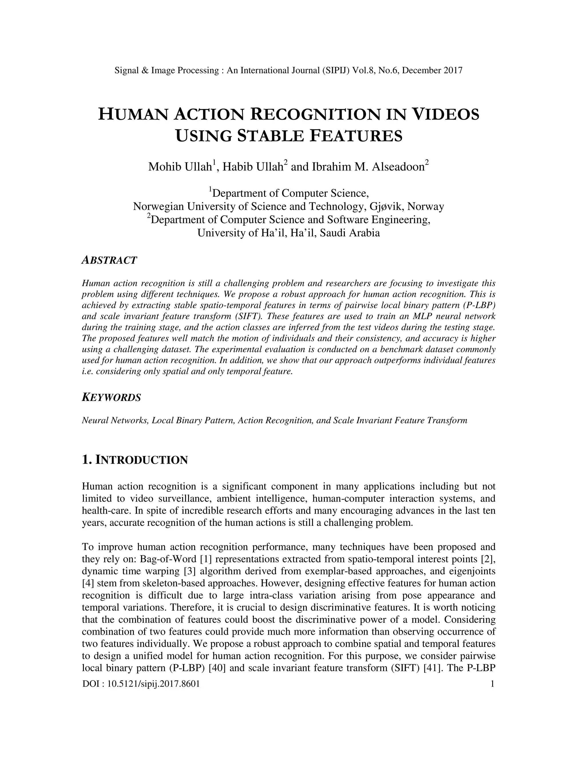 HUMAN ACTION RECOGNITION IN VIDEOS USING STABLE FEATURES | PDF