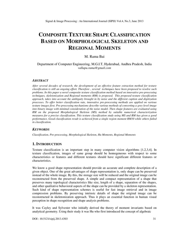 COMPOSITE TEXTURE SHAPE CLASSIFICATION BASED ON MORPHOLOGICAL SKELETON AND REGIONAL MOMENTS ...