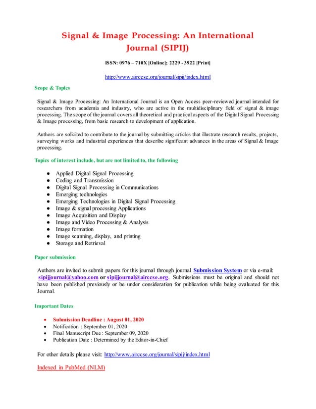 Call for papers - Signal & Image Processing : An International Journal ...